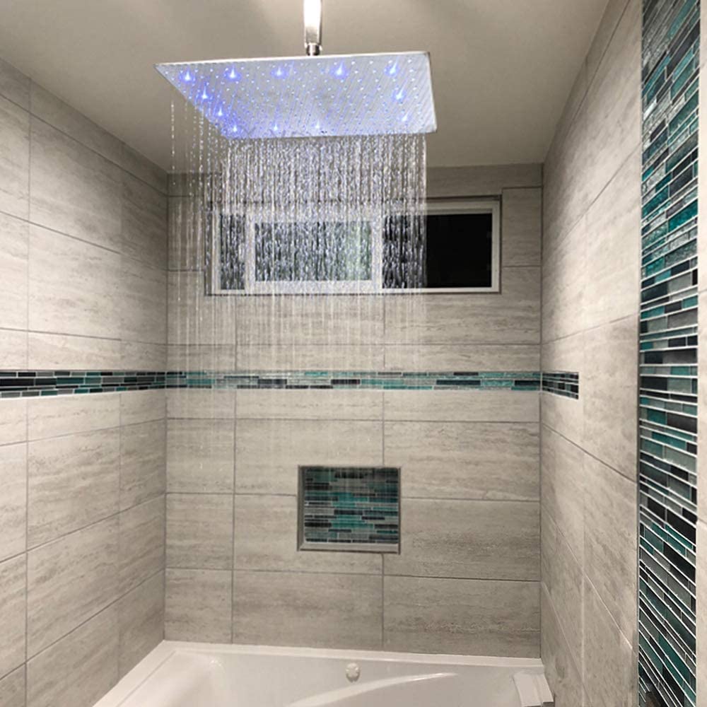 Suguword 16 Inch LED Rain Shower Head Ultra Thin Stainless Steel Rainfall High Flow Shower Head Fixed Wall Mount