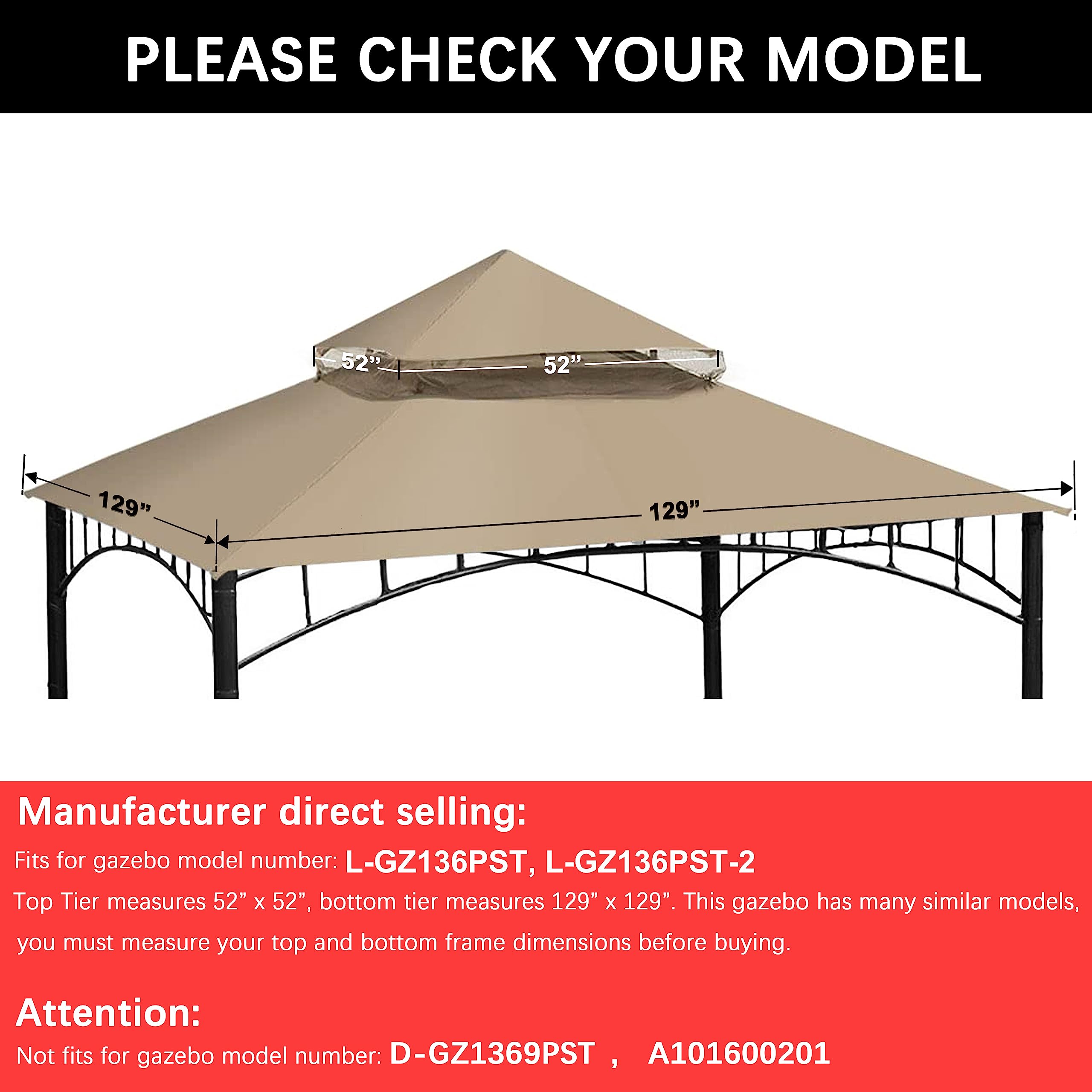 SCOCANOPY Replacement roof for Target Madaga Gazebo Model L-GZ136PST,Beige