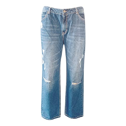 iLUGU Straight Leg Jeans for Women Ripped Hem Low Waisted Jeans for Women Button Down Jean Shirt Women Light Blue