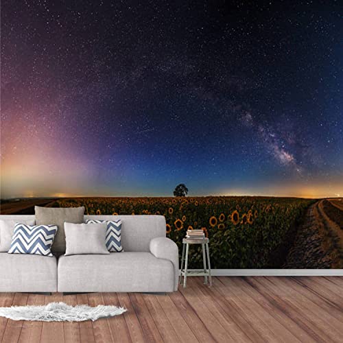 Stars Moon a Field Sunflowers Peel and Stick Wallpaper Removable Self-Adhesive Large Wallpaper Roll Wall Mural Sticker Home Decor for Living Room Bedroom