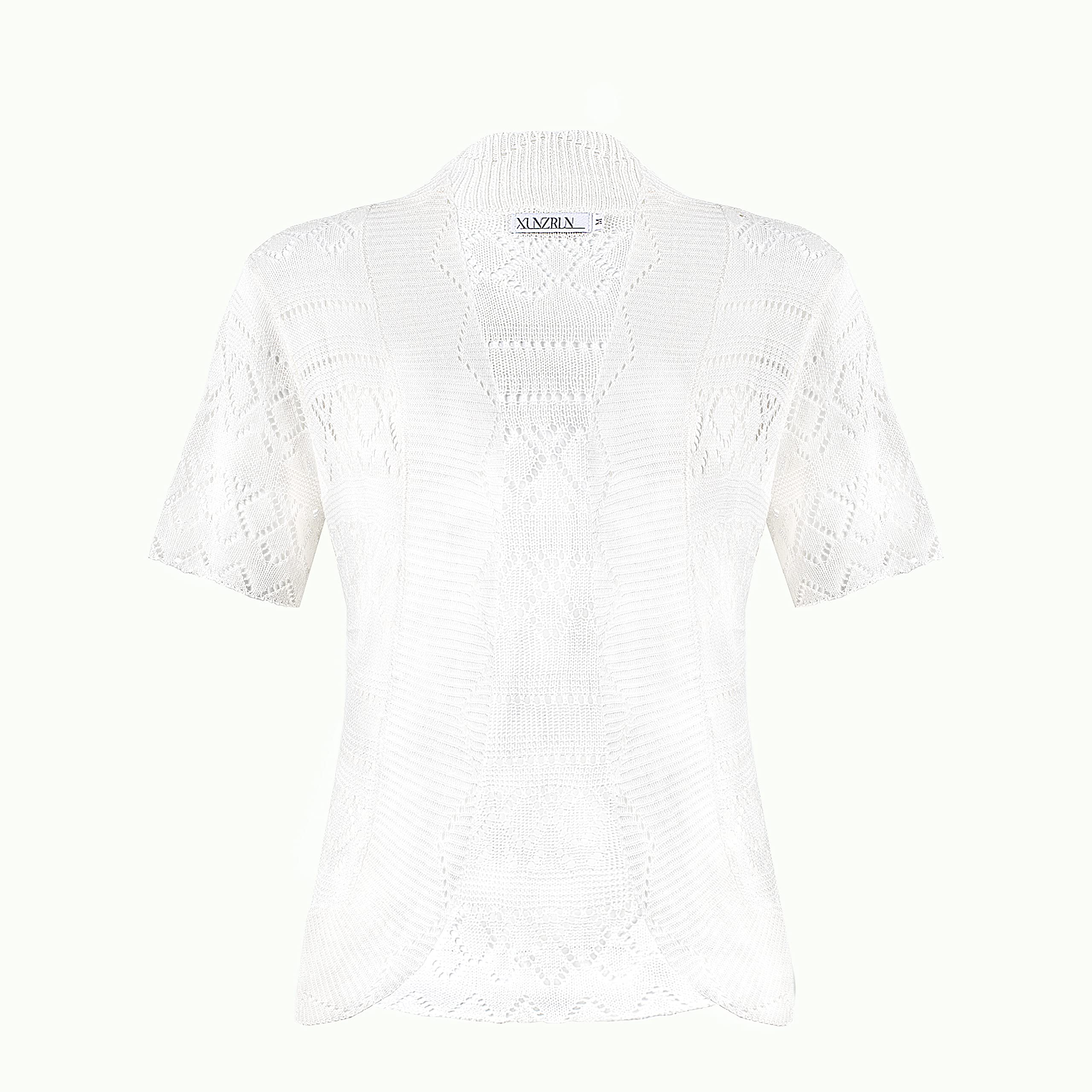 XUNZRLN Women's Elegant Short Sleeve Shrug Lightweight Soft Hollow Out Knit Open Front Cardigan White