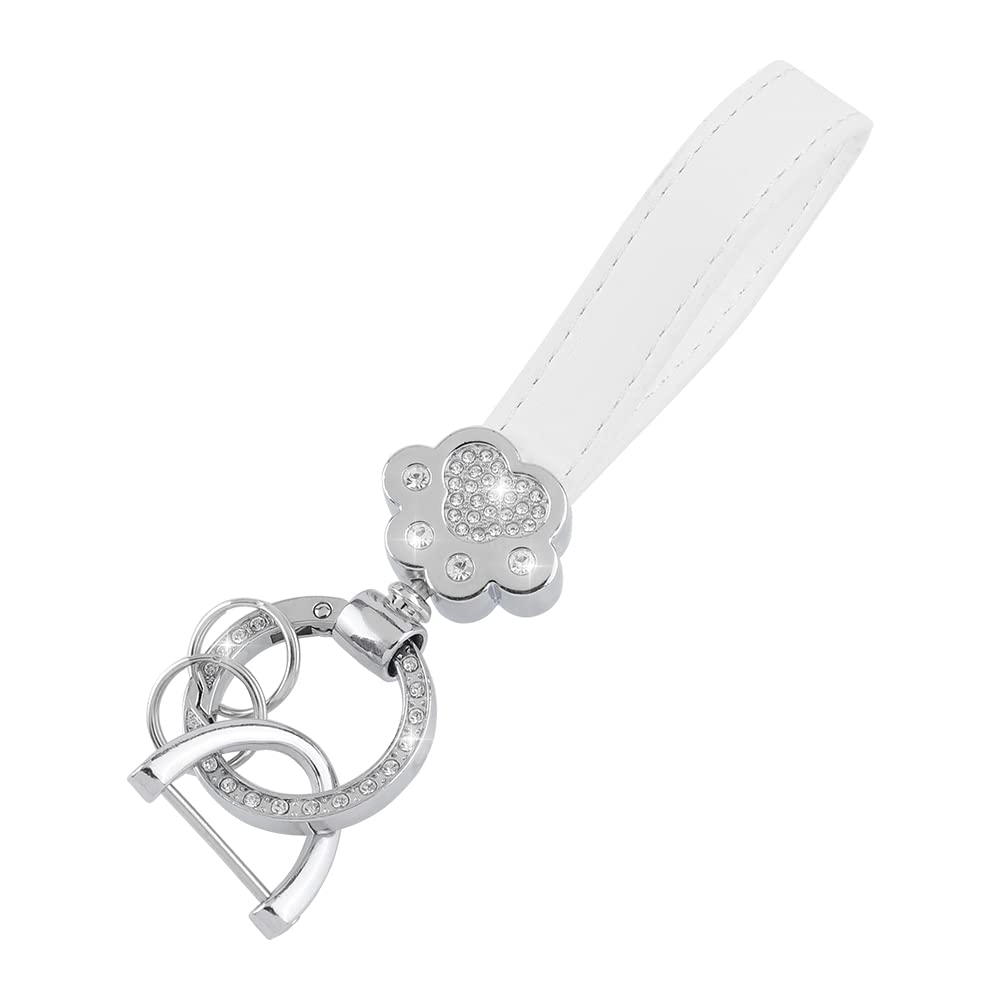 UHONSN Bling Leather Car Keychain Cute Cat Paw Keychains for Women Girl Anti-Lost Car Key Fob Key Chain Holder for Men Sparkly Rhinestones Zinc Alloy Keyrings White