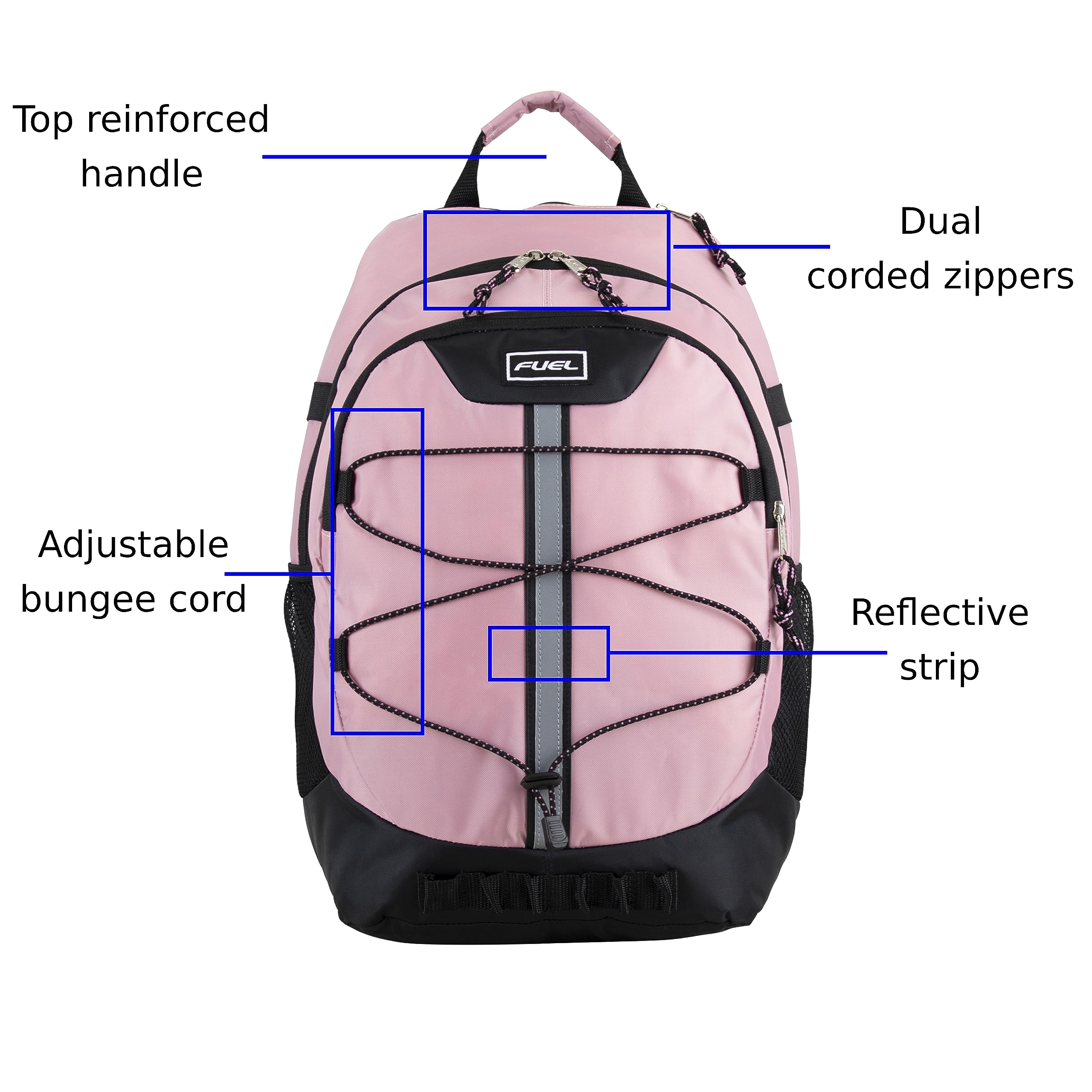 FUEL Hiking Backpack for Women Men Terra Sport, Travel, College, Gym, Work with Laptop Sleeve, Bungee, 18 Inches, Pink