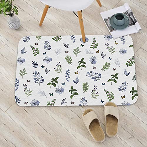 Welcome Doormat Green Leaf Flowers Butterfly White,Rubber Backing Kitchen Carpet Pastoral Botanical,Durable Washable Entry Rugs for Bedroom Dining Room Front Door Decor 16x24In