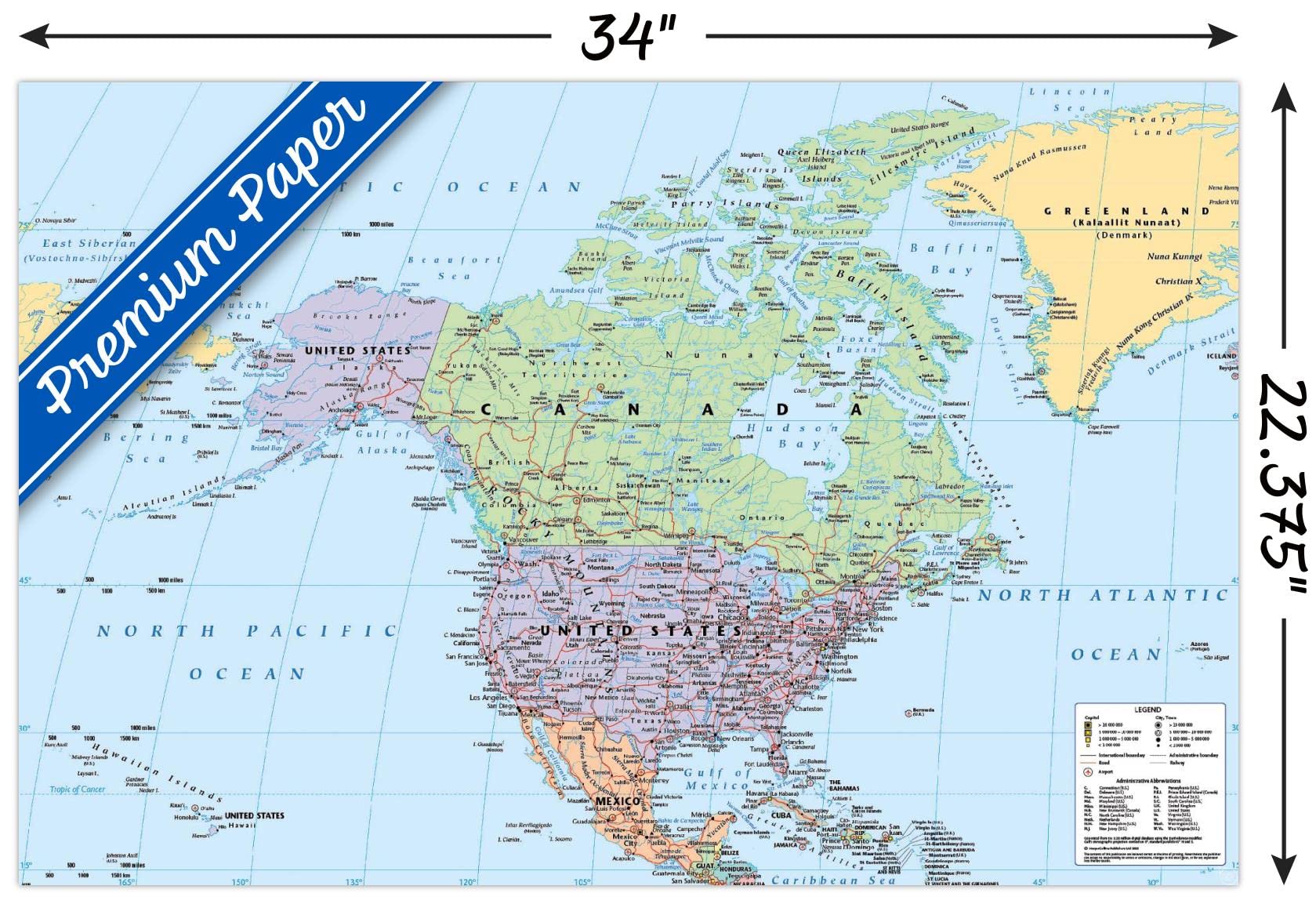Trends International North America Map 2023 Wall Poster, 34L x 22.4W, Premium Unframed Version