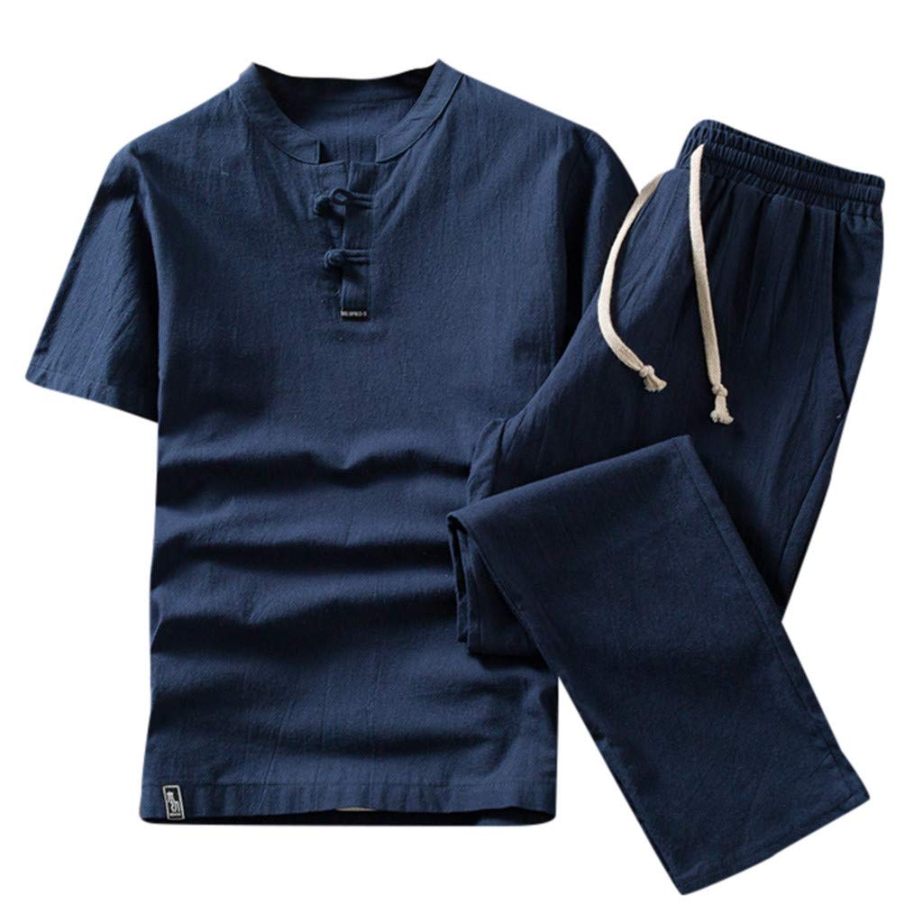 Dgoopd Men's 2 Pieces Cotton Linen Set Short Sleeve Henley Shirts Casual Beach Pants Summer Yoga Outfits Loose Comfy 2 PC Outfit Plus Size Fashion T Shirts Sets Navy