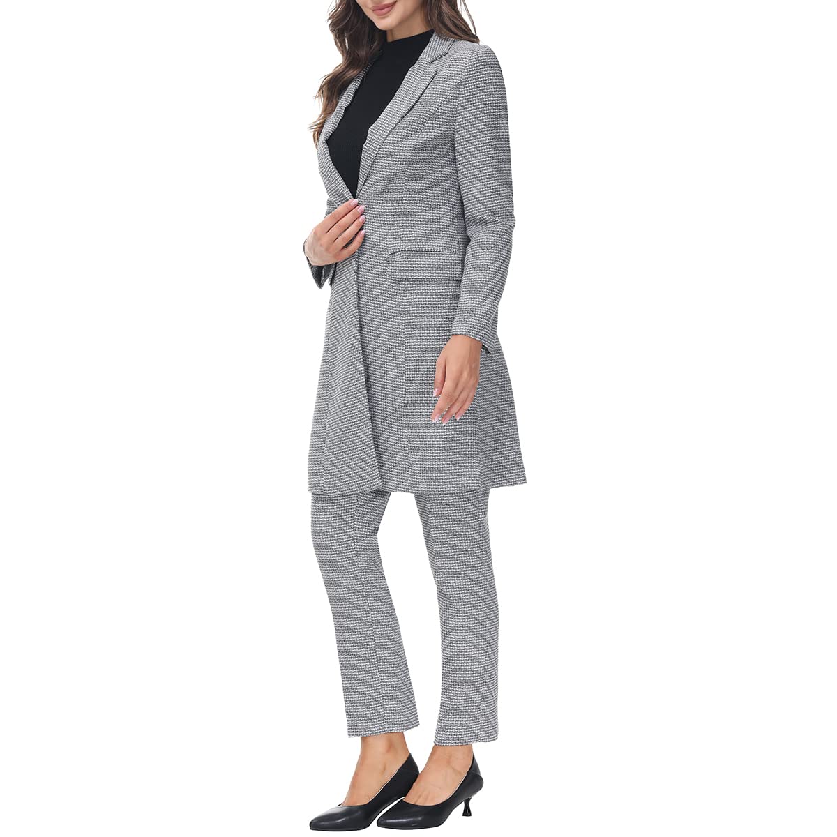 MODFUL Women's 2 Piece Long Blazer with Pants Set Small Plaid Elegant Suit Set for Casual Business Office(Grey,Medium)