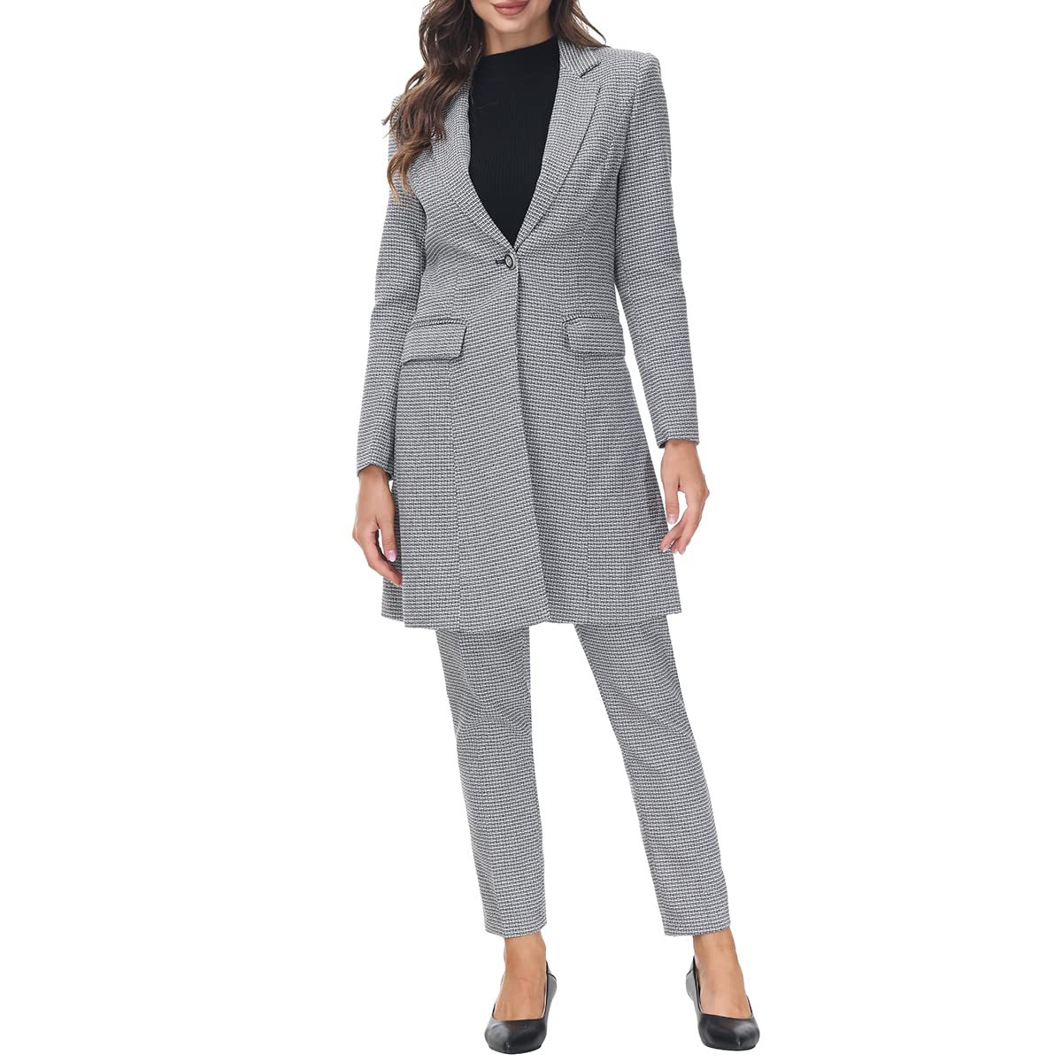 MODFUL Women's 2 Piece Long Blazer with Pants Set Small Plaid Elegant Suit Set for Casual Business Office(Grey,Medium)