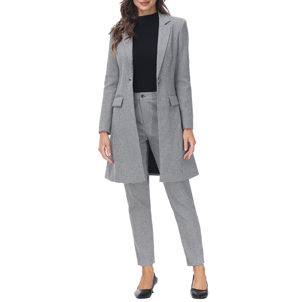 MODFUL Women's 2 Piece Long Blazer with Pants Set Small Plaid Elegant Suit Set for Casual Business Office(Grey,Medium)