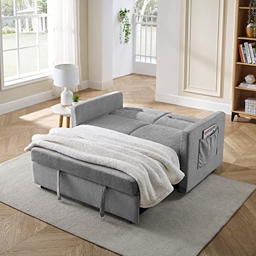 FANYE Chenille Upholstered Loveseat Sleeper w/Side Storage Pockets, 54.5" 2-Seaters Sofa with Pull-Out Couch Bed with Adjustable Cushions Backrest for Living Room Apartment Office Small Space, Grey