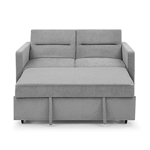 FANYE Chenille Upholstered Loveseat Sleeper w/Side Storage Pockets, 54.5" 2-Seaters Sofa with Pull-Out Couch Bed with Adjustable Cushions Backrest for Living Room Apartment Office Small Space, Grey