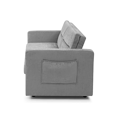 FANYE Chenille Upholstered Loveseat Sleeper w/Side Storage Pockets, 54.5" 2-Seaters Sofa with Pull-Out Couch Bed with Adjustable Cushions Backrest for Living Room Apartment Office Small Space, Grey
