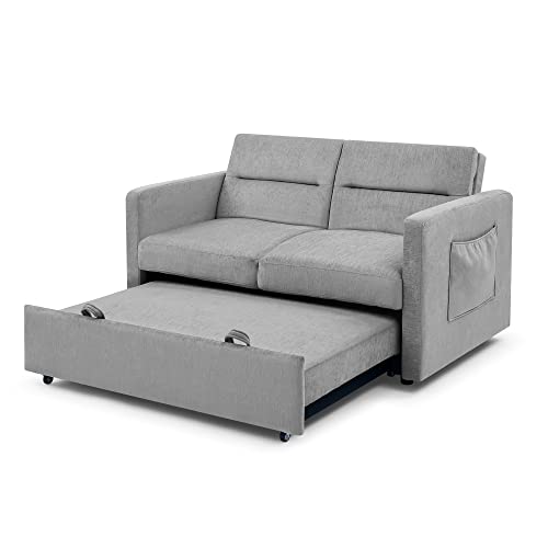 FANYE Chenille Upholstered Loveseat Sleeper w/Side Storage Pockets, 54.5" 2-Seaters Sofa with Pull-Out Couch Bed with Adjustable Cushions Backrest for Living Room Apartment Office Small Space, Grey