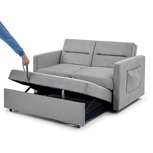 FANYE Chenille Upholstered Loveseat Sleeper w/Side Storage Pockets, 54.5" 2-Seaters Sofa with Pull-Out Couch Bed with Adjustable Cushions Backrest for Living Room Apartment Office Small Space, Grey