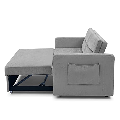 FANYE Chenille Upholstered Loveseat Sleeper w/Side Storage Pockets, 54.5" 2-Seaters Sofa with Pull-Out Couch Bed with Adjustable Cushions Backrest for Living Room Apartment Office Small Space, Grey