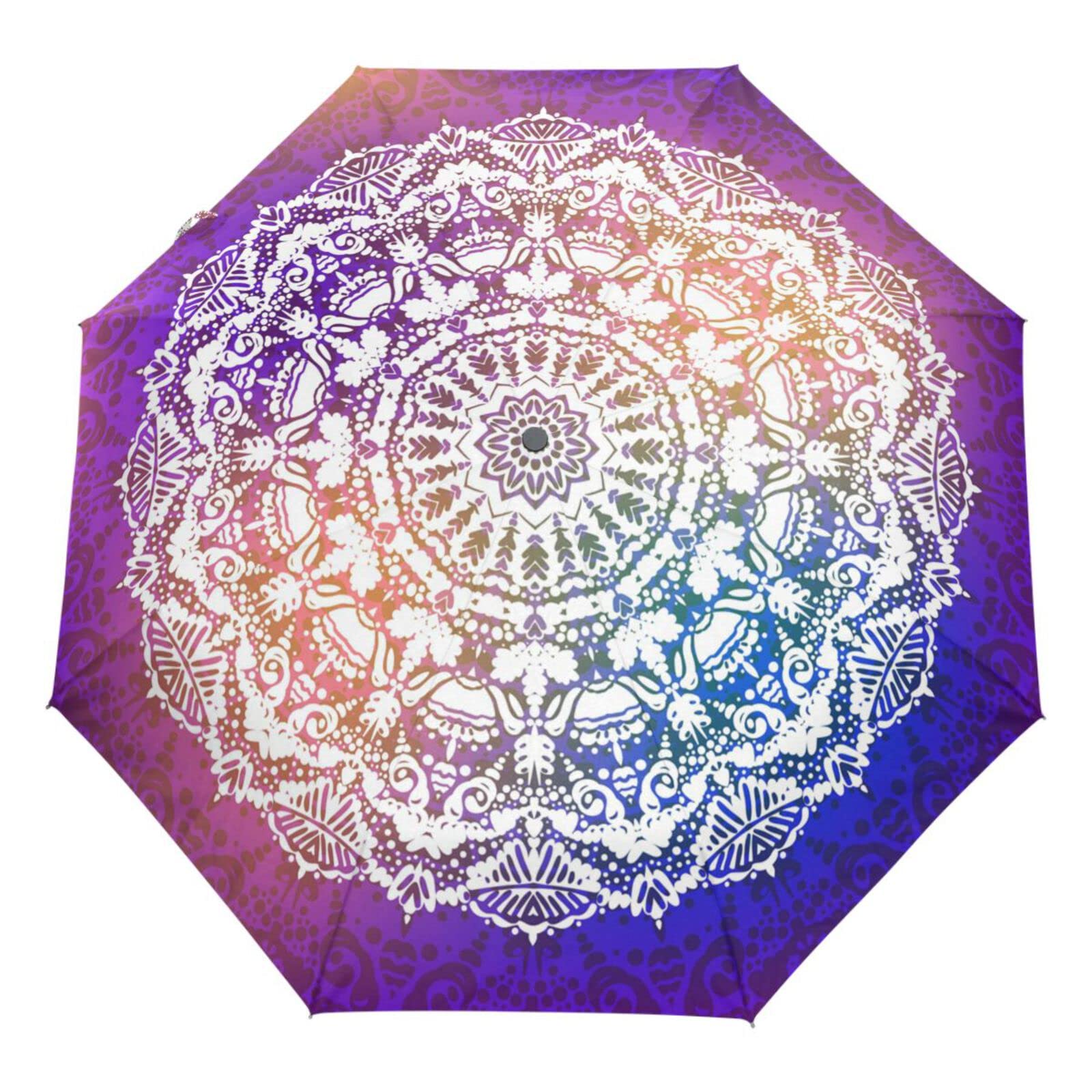 Vdsrup Indian Mandala Auto Umbrella Open Close Galaxy Nebula Anti UV Umbrella Compact Windproof Parasol Umbrellas for Travel Car School Sun Rain