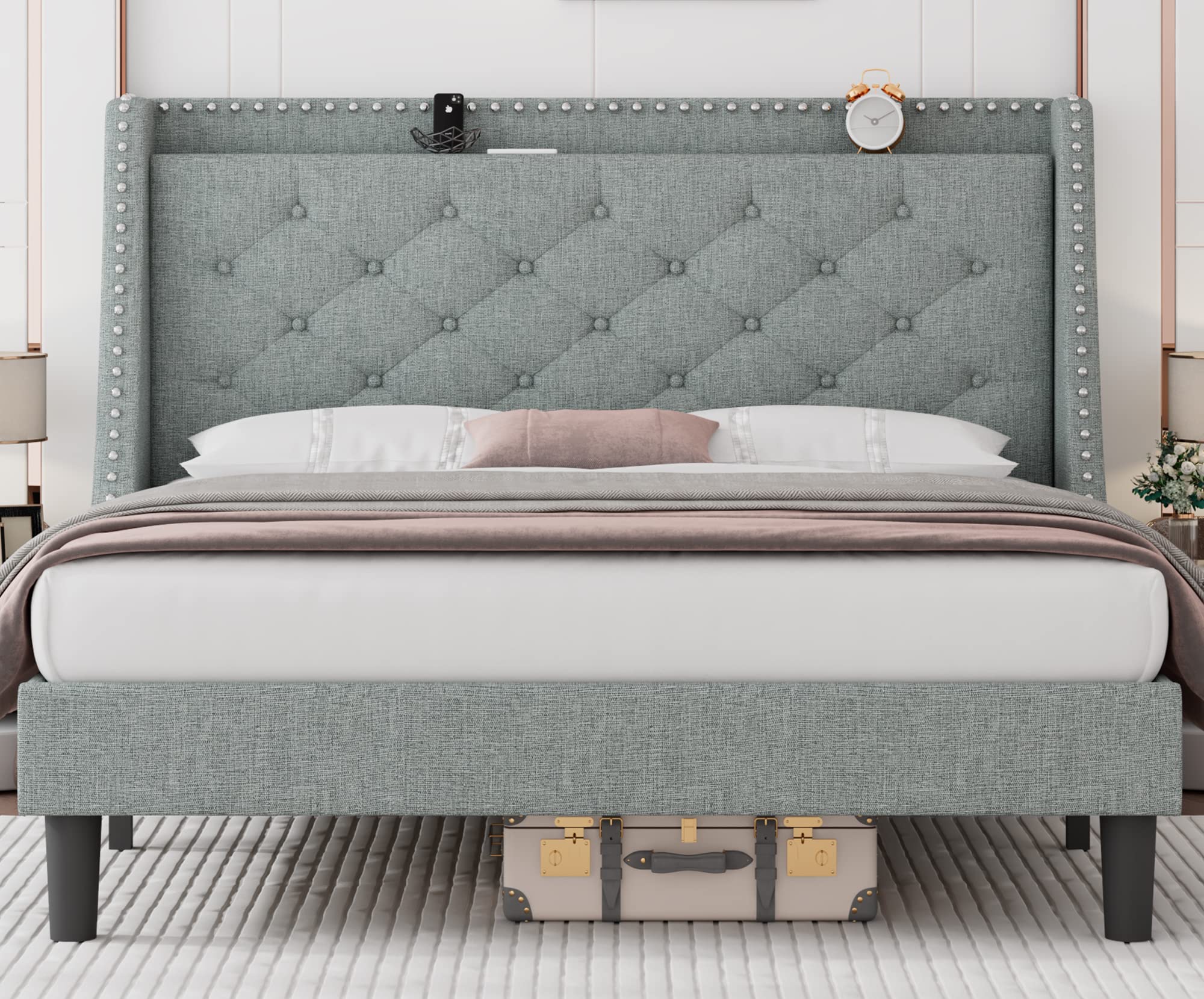 Feonase Upholstered Queen Bed Frame with Wingback Headboard, Deluxe Platform Bed Frame with Diamond Tufting & Storage Shelf, Wood Slats, Noise-Free, No Box Spring Needed, Easy Assembly, Light Gray
