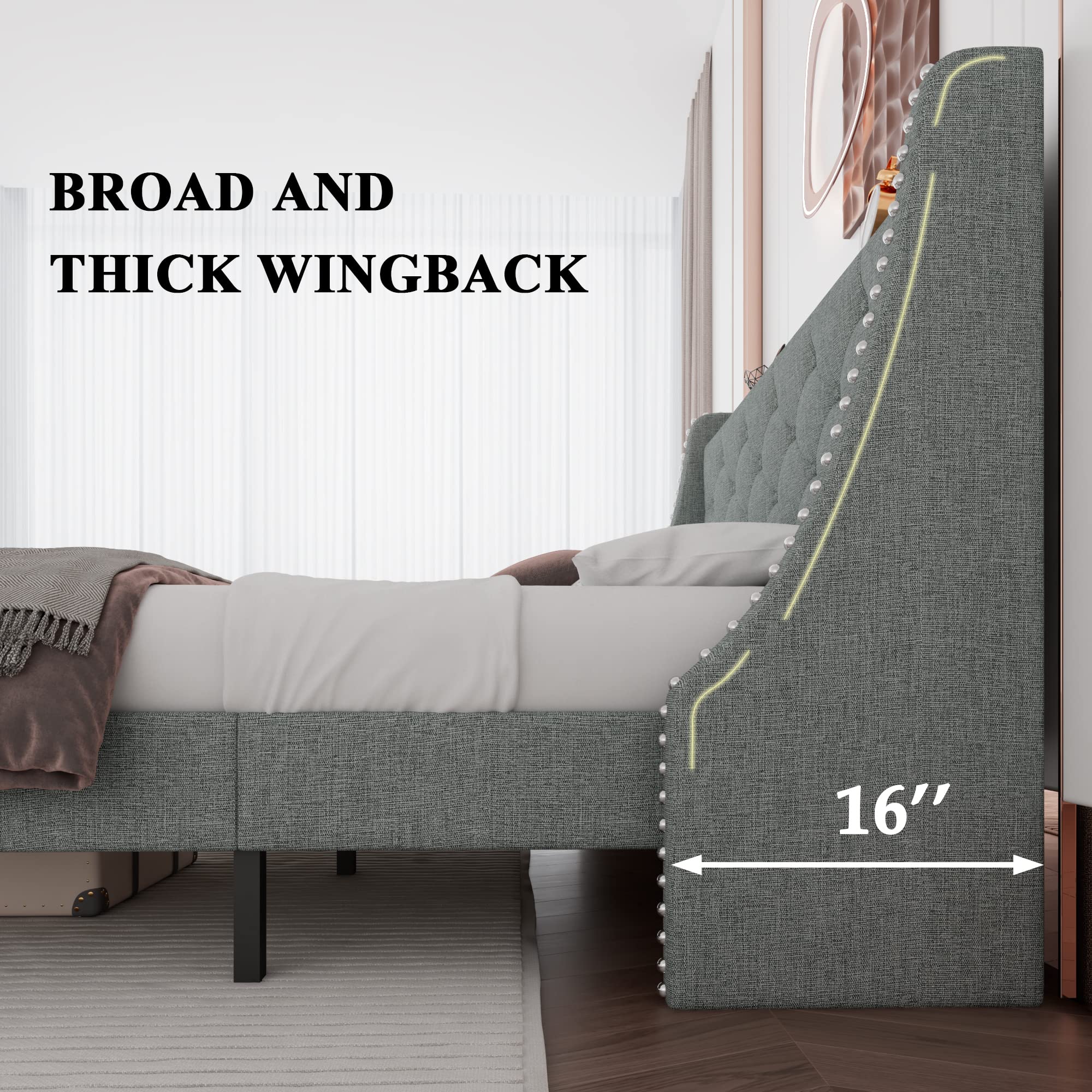 Feonase Upholstered Queen Bed Frame with Wingback Headboard, Deluxe Platform Bed Frame with Diamond Tufting & Storage Shelf, Wood Slats, Noise-Free, No Box Spring Needed, Easy Assembly, Light Gray