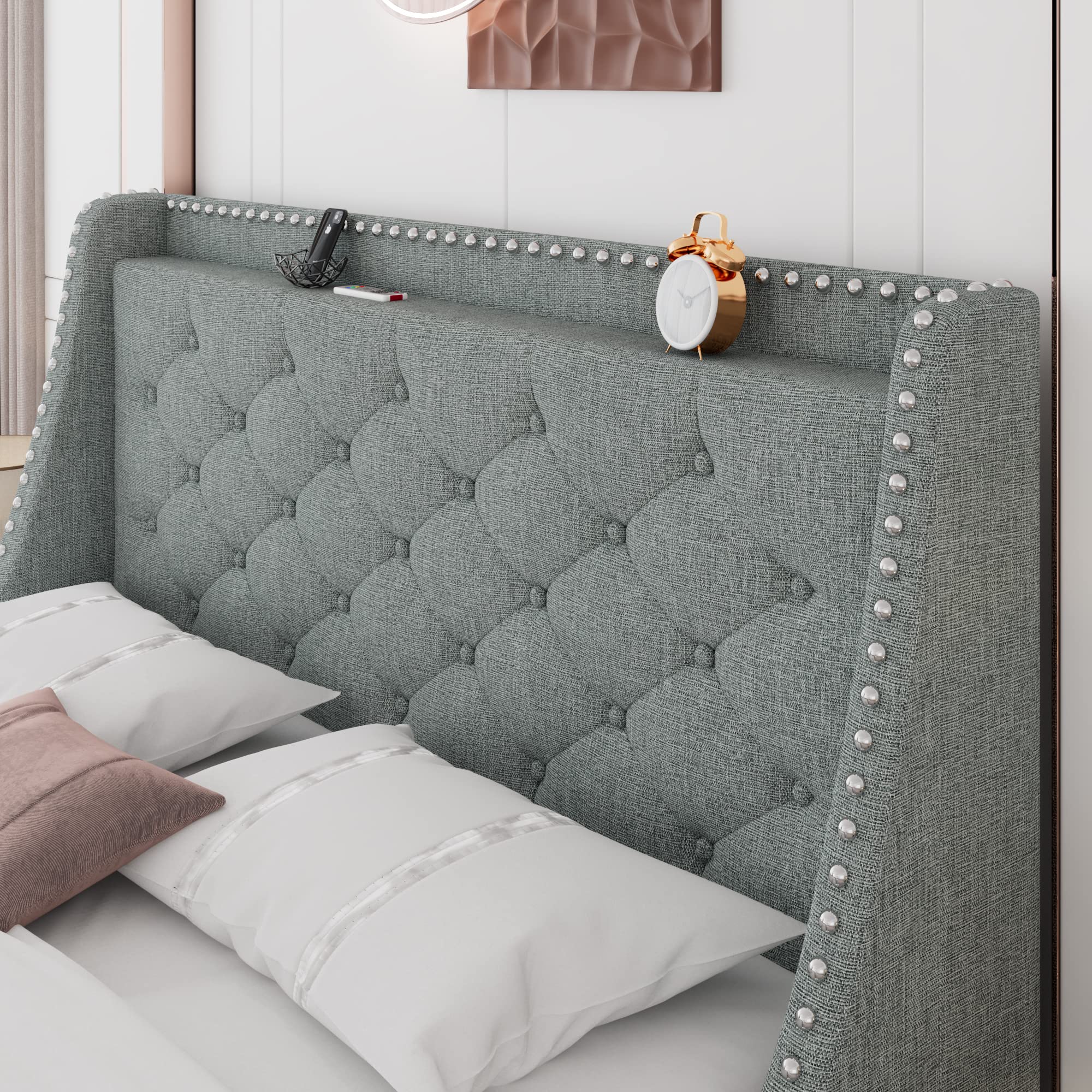 Feonase Upholstered Queen Bed Frame with Wingback Headboard, Deluxe Platform Bed Frame with Diamond Tufting & Storage Shelf, Wood Slats, Noise-Free, No Box Spring Needed, Easy Assembly, Light Gray
