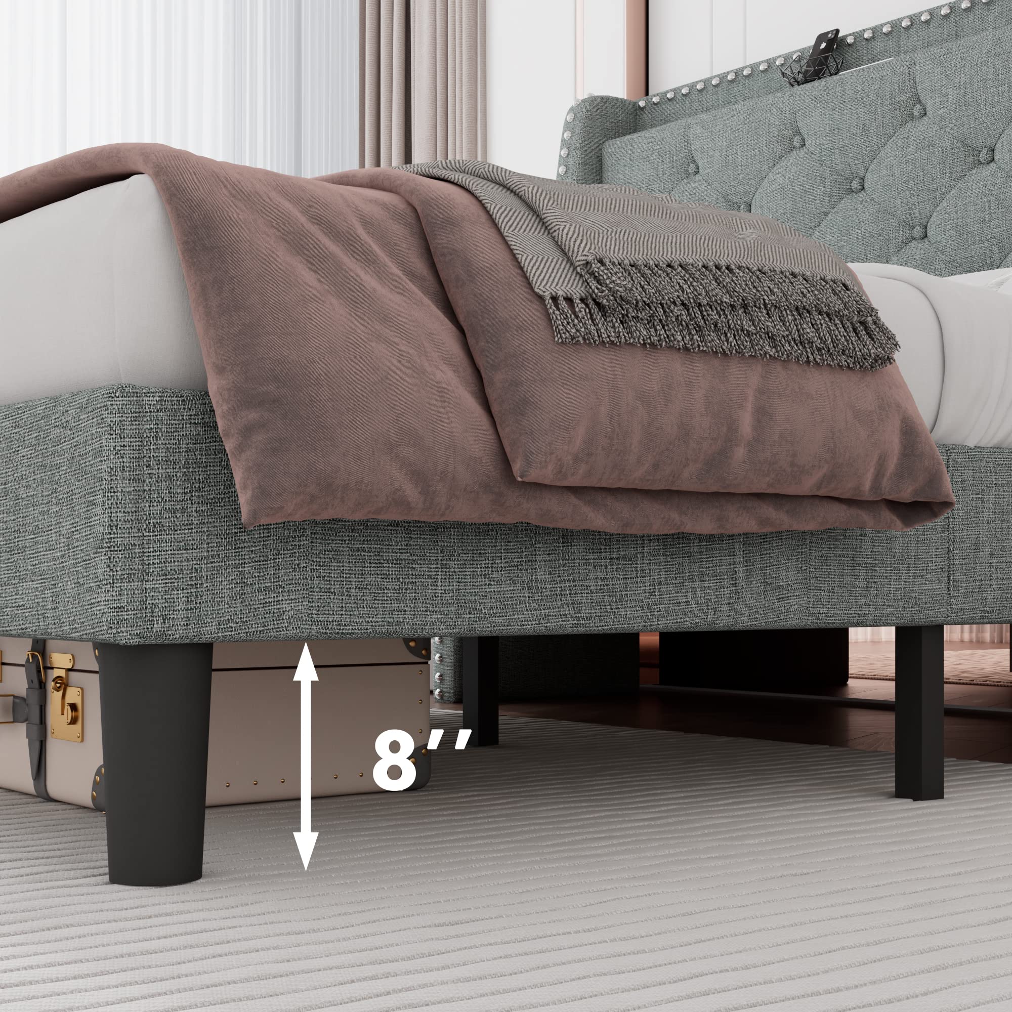 Feonase Upholstered Queen Bed Frame with Wingback Headboard, Deluxe Platform Bed Frame with Diamond Tufting & Storage Shelf, Wood Slats, Noise-Free, No Box Spring Needed, Easy Assembly, Light Gray