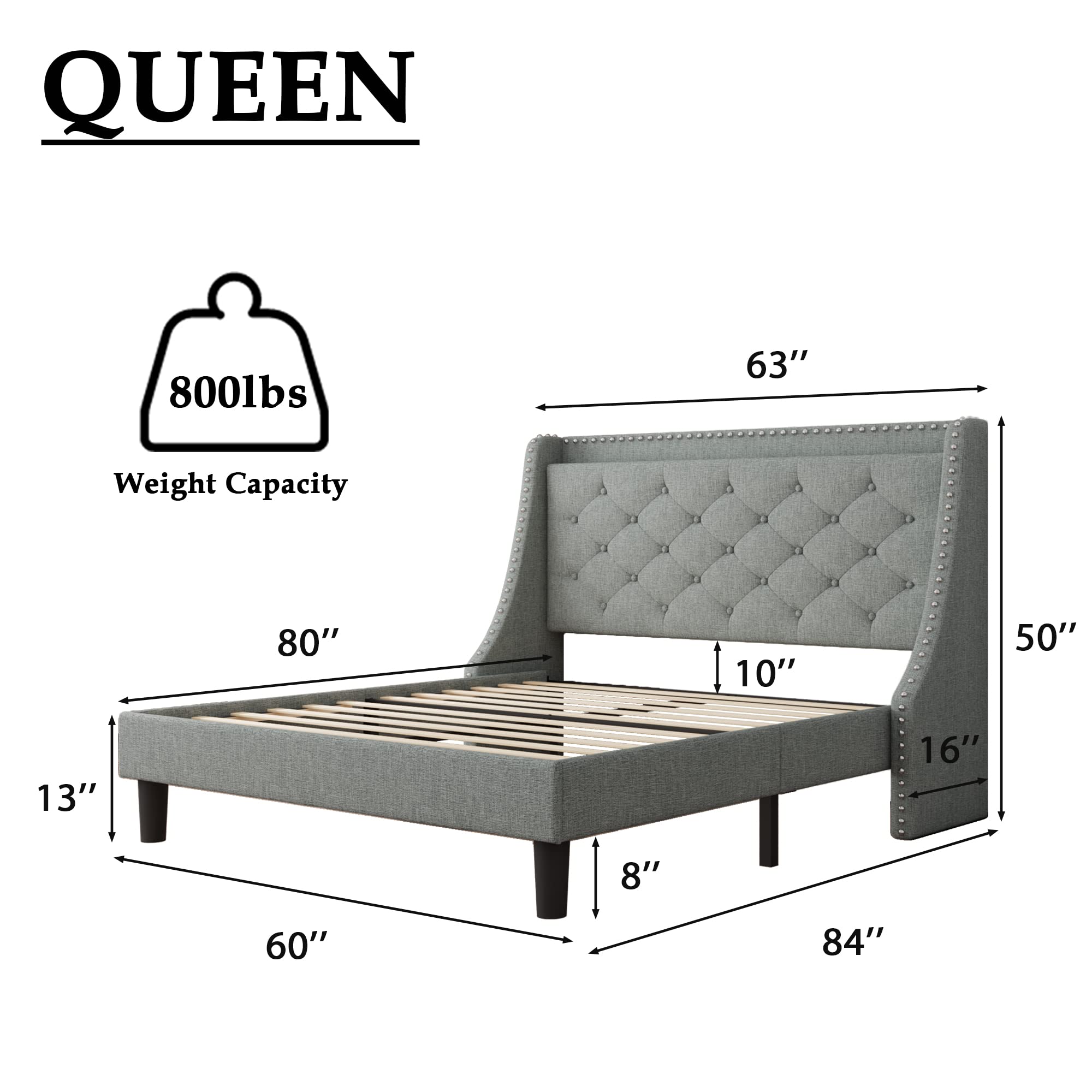 Feonase Upholstered Queen Bed Frame with Wingback Headboard, Deluxe Platform Bed Frame with Diamond Tufting & Storage Shelf, Wood Slats, Noise-Free, No Box Spring Needed, Easy Assembly, Light Gray