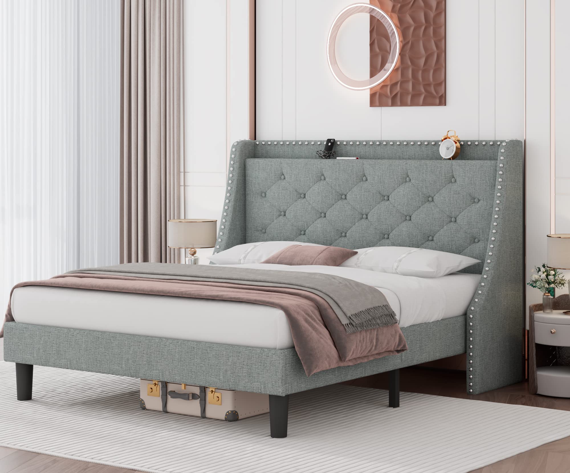 Feonase Upholstered Queen Bed Frame with Wingback Headboard, Deluxe Platform Bed Frame with Diamond Tufting & Storage Shelf, Wood Slats, Noise-Free, No Box Spring Needed, Easy Assembly, Light Gray