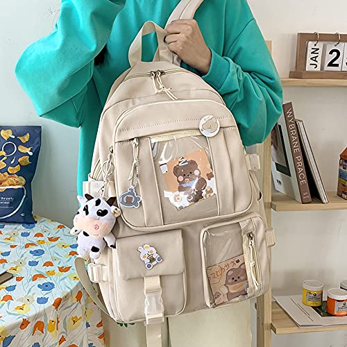 YOUNE Kawaii Backpack, with Kawaii Pin and Cute Accessories Backpack Cute Aesthetic Backpack for School Capacity Rucksack, Beige