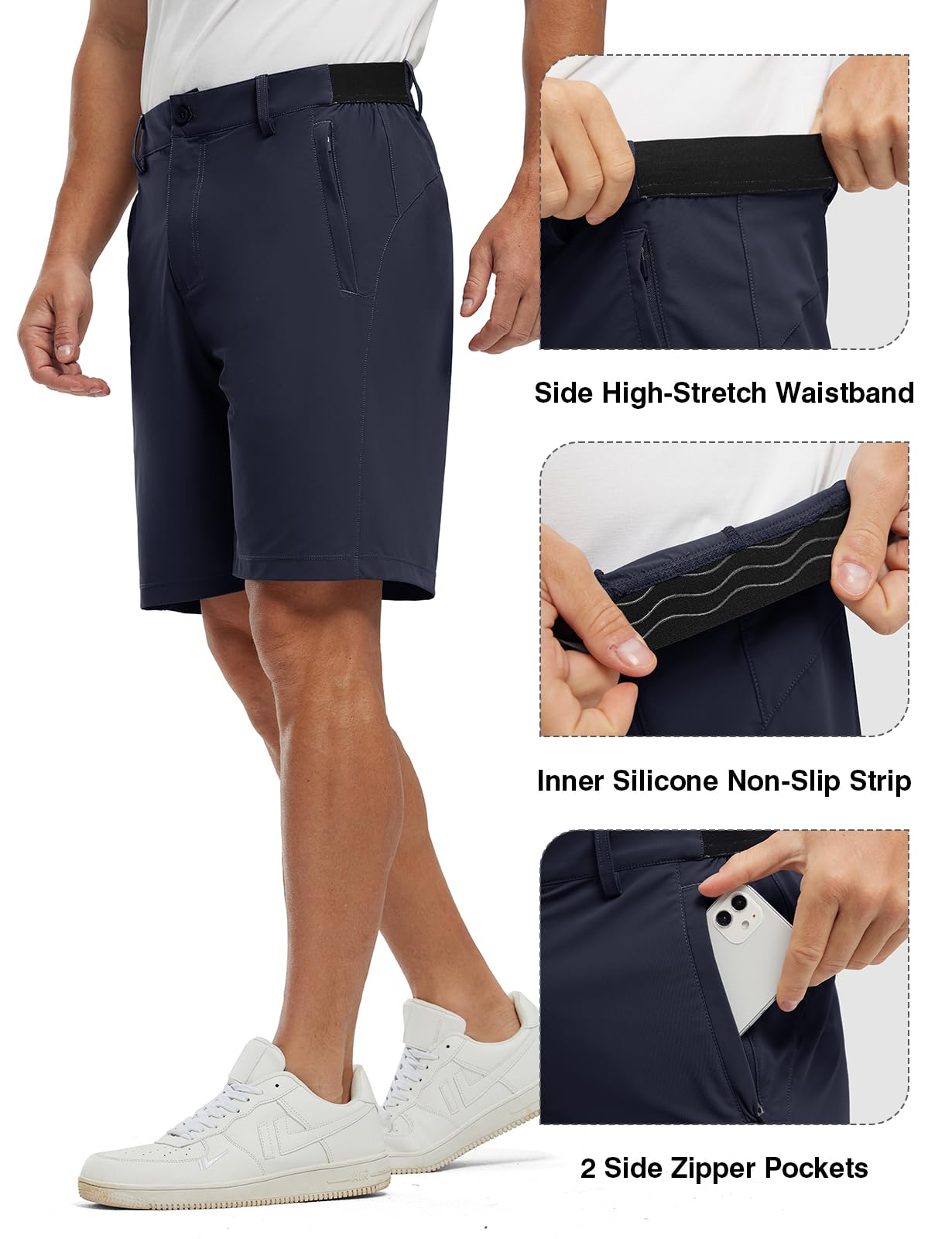 TBMPOY Men's Golf Shorts 9" Lightweight Stretch Quick Dry Dress Work Casual Flat Front Shorts with 3 Zipper Pockets Navy 34
