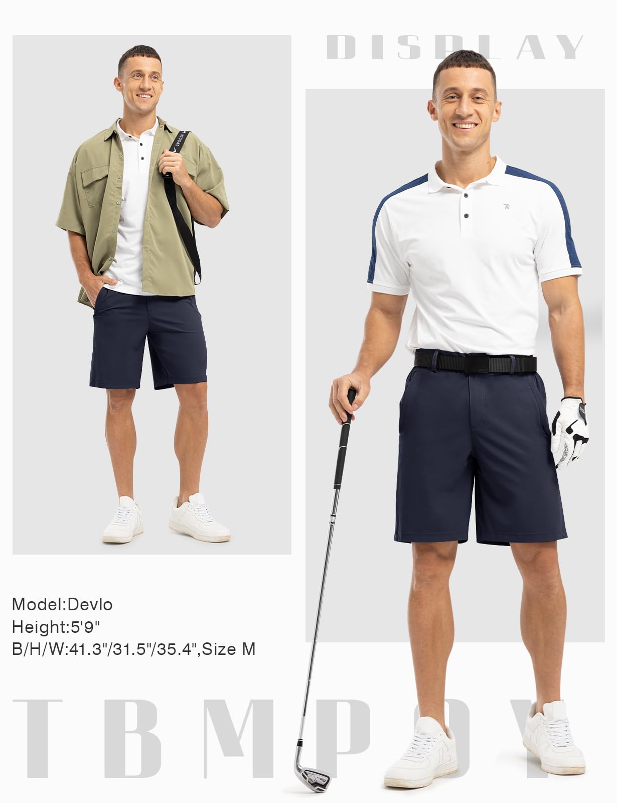 TBMPOY Men's Golf Shorts 9" Lightweight Stretch Quick Dry Dress Work Casual Flat Front Shorts with 3 Zipper Pockets Navy 34