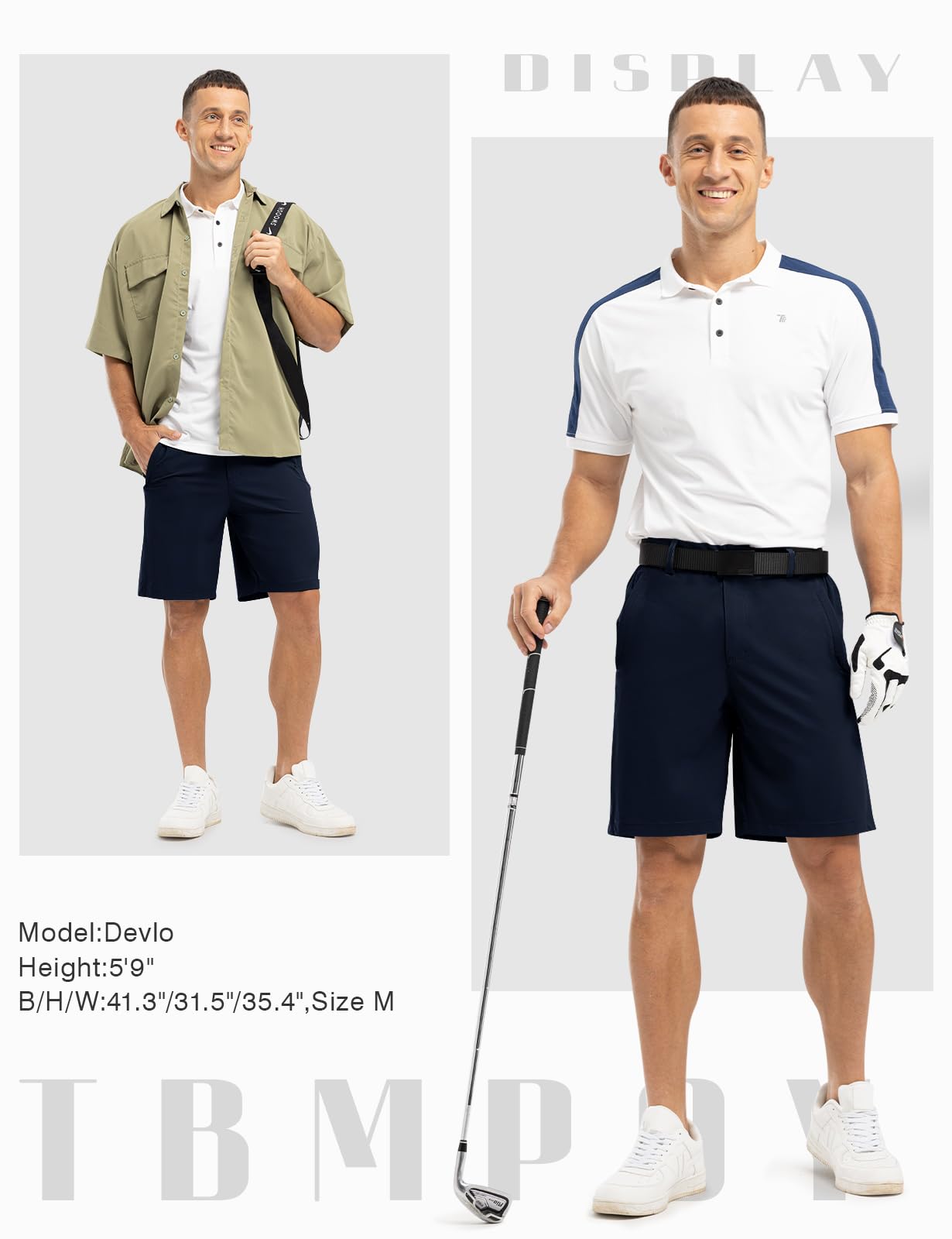 TBMPOY Men's Golf Shorts 9" Lightweight Stretch Quick Dry Dress Work Casual Flat Front Shorts with 3 Zipper Pockets Navy 34