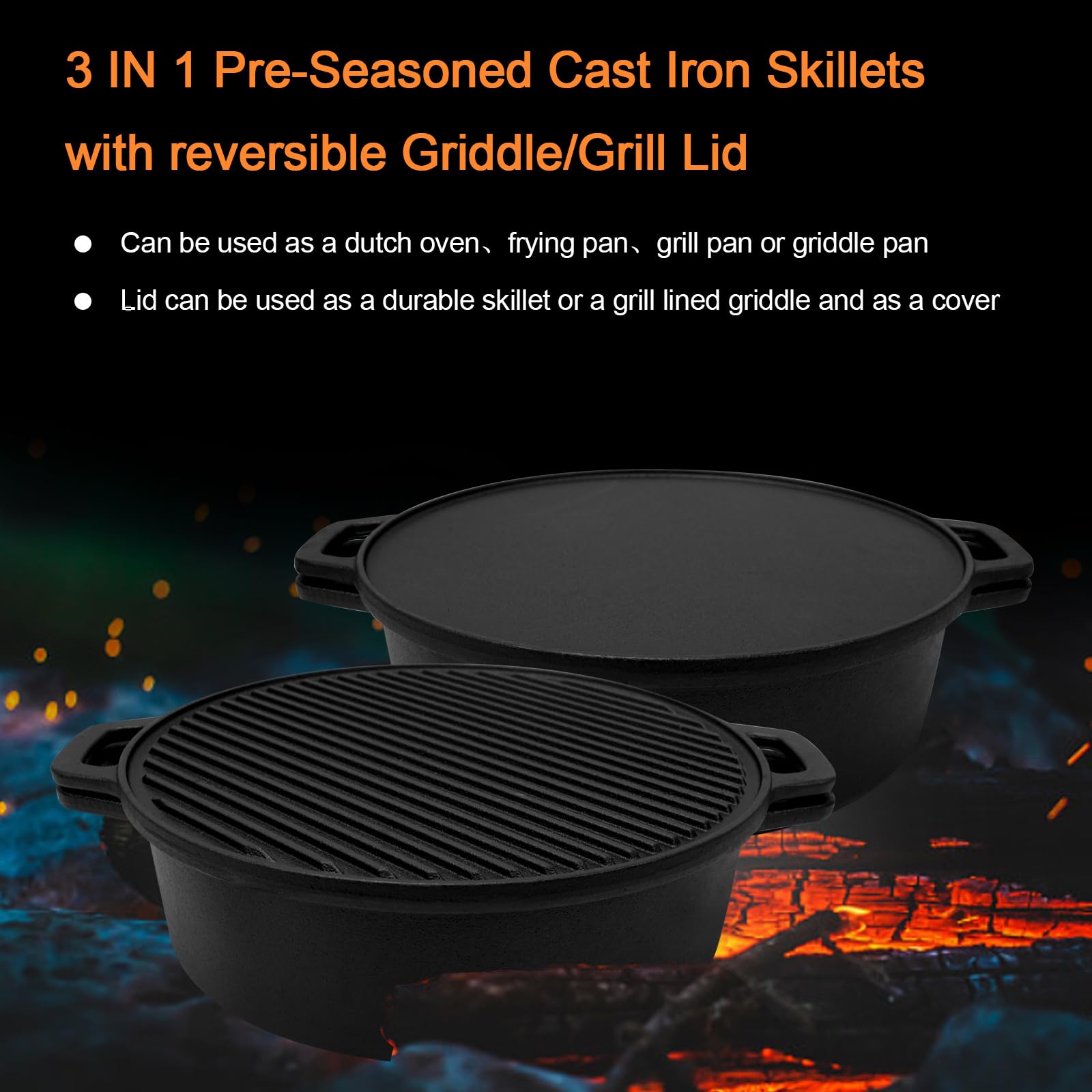 GEDIAO 3IN1 Pre-Seasoned Cast Iron Pan With Reversible Grill Griddle Lid, Multi Cooker Deep Roasting Grill Pan, Dutch Oven with Lid, Non-Stick Open Fire Camping, 5.2QT