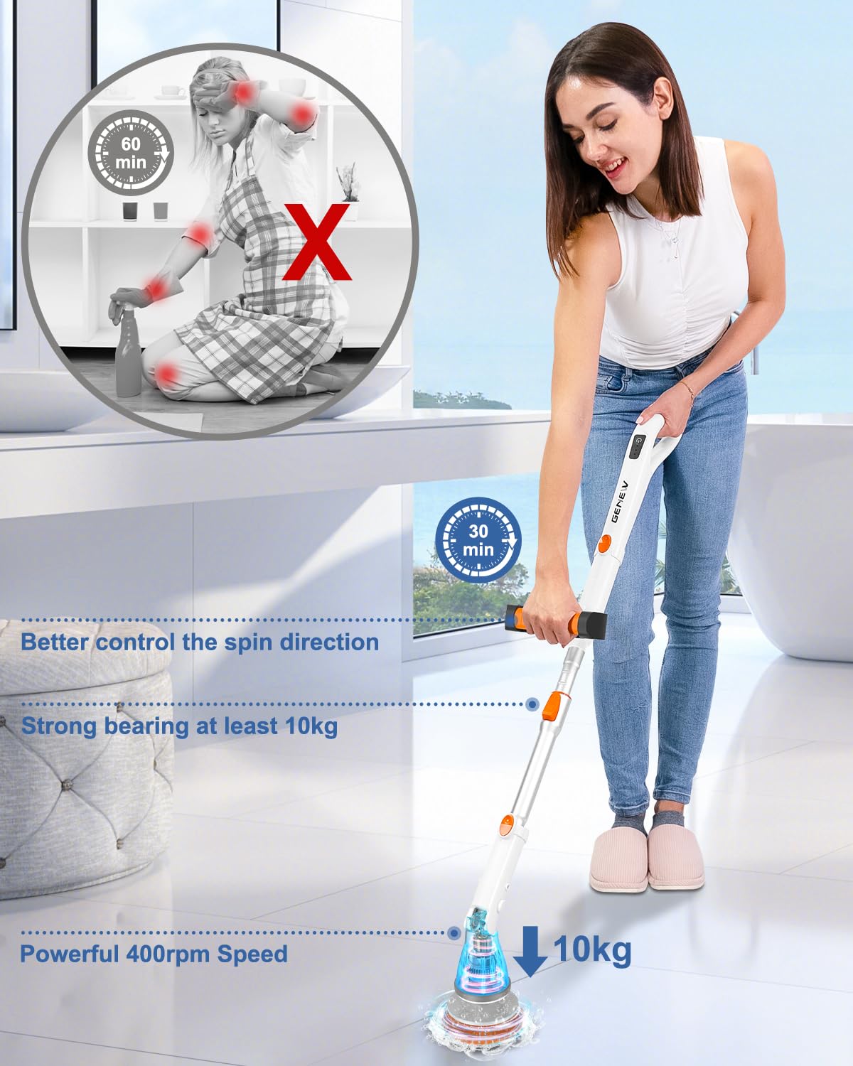 Genew Electric Spin Scrubber: Cordless Cleaning Brush with 6 Replaceable Head & Adjustable Extension Handle Power Shower Scrubber for Bathroom Floor Tile Tub - Add Adjustable Grip (White)