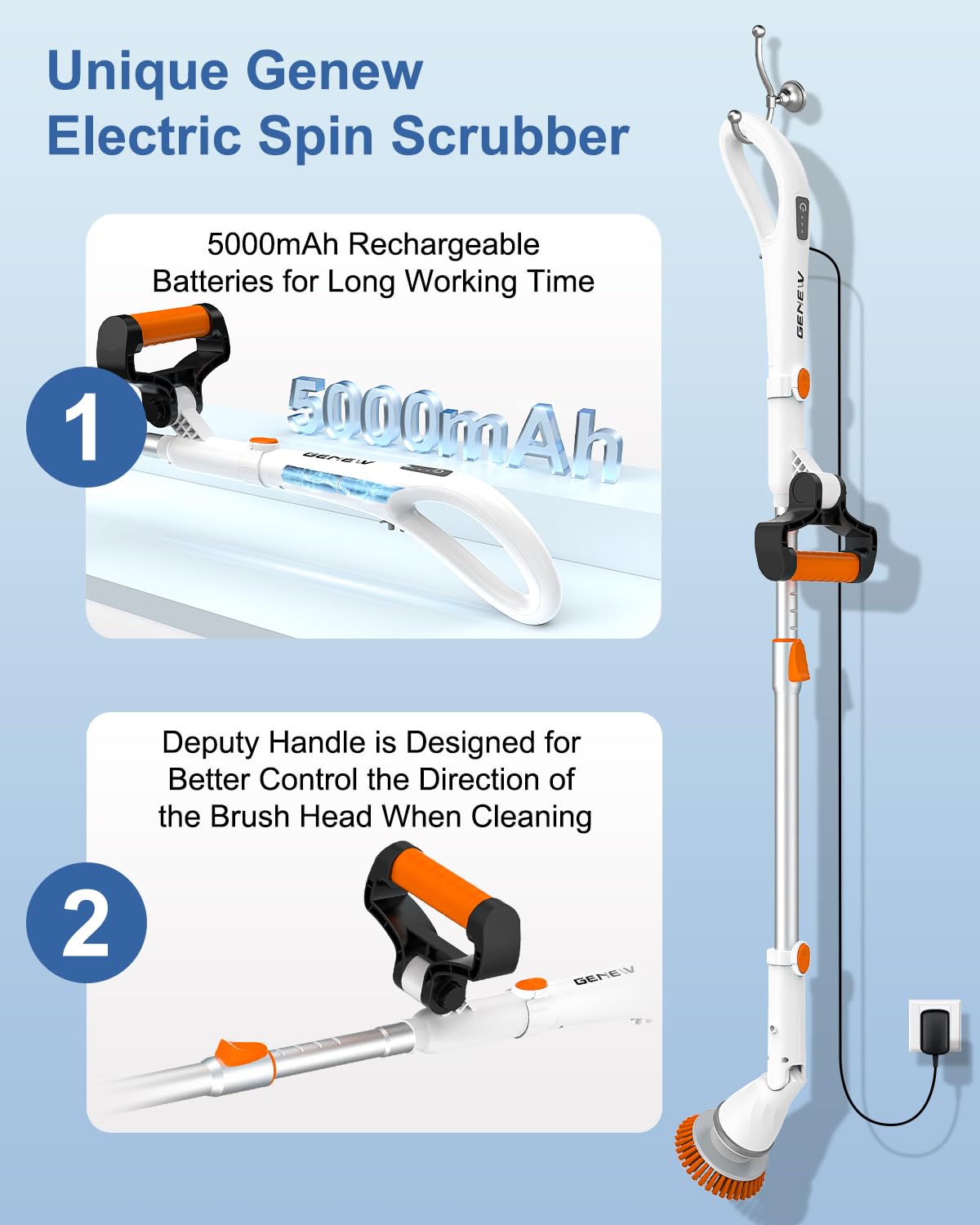 Genew Electric Spin Scrubber: Cordless Cleaning Brush with 6 Replaceable Head & Adjustable Extension Handle Power Shower Scrubber for Bathroom Floor Tile Tub - Add Adjustable Grip (White)