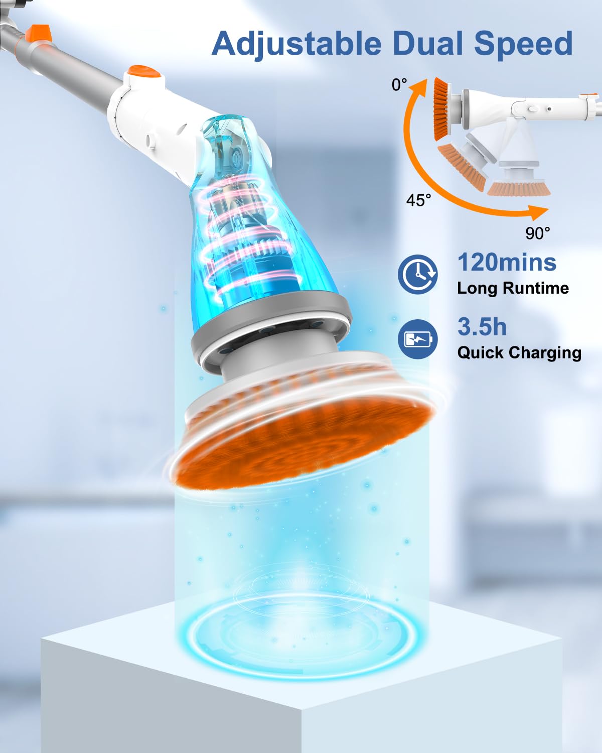 Genew Electric Spin Scrubber: Cordless Cleaning Brush with 6 Replaceable Head & Adjustable Extension Handle Power Shower Scrubber for Bathroom Floor Tile Tub - Add Adjustable Grip (White)
