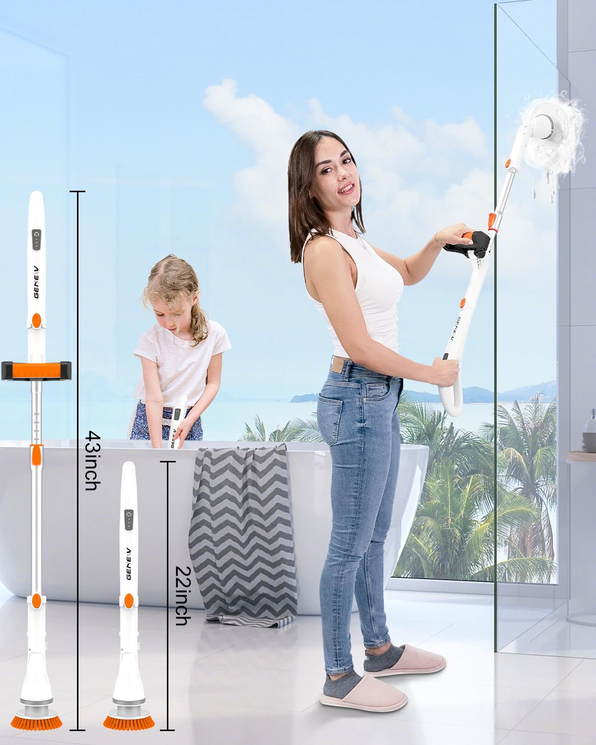 Genew Electric Spin Scrubber: Cordless Cleaning Brush with 6 Replaceable Head & Adjustable Extension Handle Power Shower Scrubber for Bathroom Floor Tile Tub - Add Adjustable Grip (White)