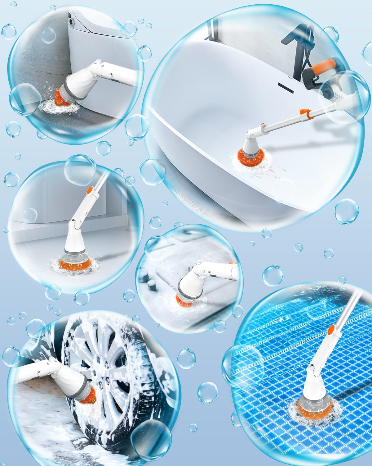Genew Electric Spin Scrubber: Cordless Cleaning Brush with 6 Replaceable Head & Adjustable Extension Handle Power Shower Scrubber for Bathroom Floor Tile Tub - Add Adjustable Grip (White)