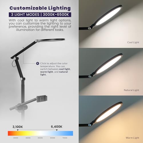 Neatfi Multi-Functional Desk Lamp, Dimmable, 3 Light Modes, 5 Brightness Levels, Zoom/Webcam Light, Touch Controls, USB/Plug Powered, Adjustable Arm (with Phone Holder and Clamp)