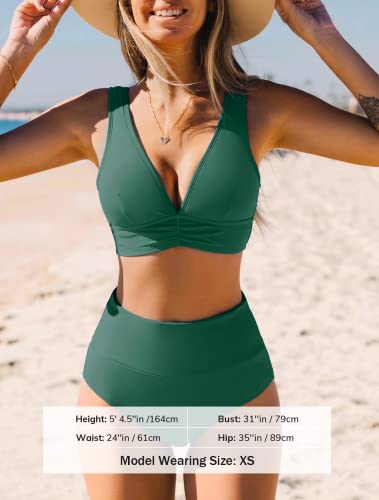 CUPSHE Bikini Set for Women Two Piece Swimsuit High Waisted V Neck Ruched Front Wide Straps L, Green