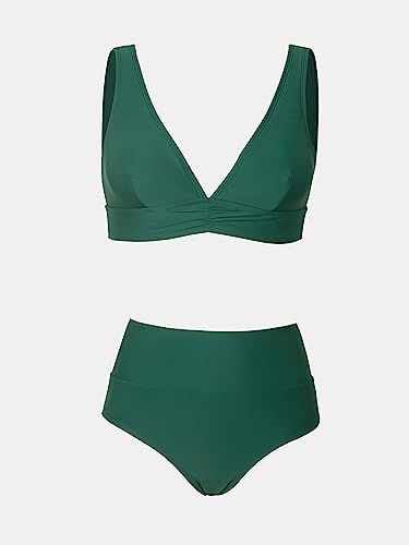CUPSHE Bikini Set for Women Two Piece Swimsuit High Waisted V Neck Ruched Front Wide Straps L, Green
