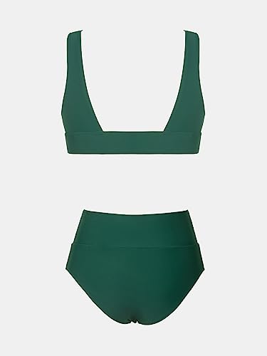 CUPSHE Bikini Set for Women Two Piece Swimsuit High Waisted V Neck Ruched Front Wide Straps L, Green