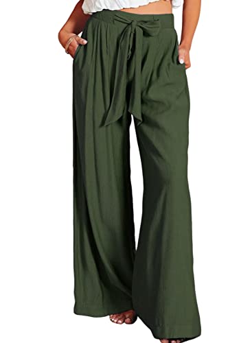 Dokotoo 2023 Stylish Summer Women's Plus Size Wide Leg Palazzo Dress Pants Women Back Elastic High Waist Yoga Pant with Pockets Comfy Lightweight Beach Pants Green XL