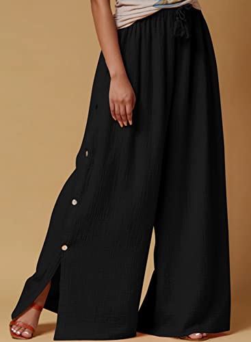Dokotoo 2023 Fashion Cotton Wide Leg Linen Pants for Women Spring Summer Solid Elastic High Waist Drawstring Side Button Split Long Pants Beach Sport Office Jogging Jogger Black M