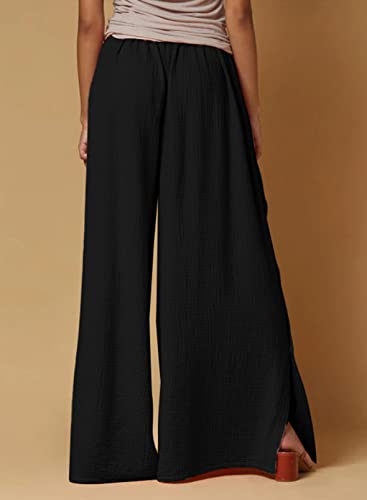 Dokotoo 2023 Fashion Cotton Wide Leg Linen Pants for Women Spring Summer Solid Elastic High Waist Drawstring Side Button Split Long Pants Beach Sport Office Jogging Jogger Black M