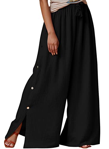 Dokotoo 2023 Fashion Cotton Wide Leg Linen Pants for Women Spring Summer Solid Elastic High Waist Drawstring Side Button Split Long Pants Beach Sport Office Jogging Jogger Black M