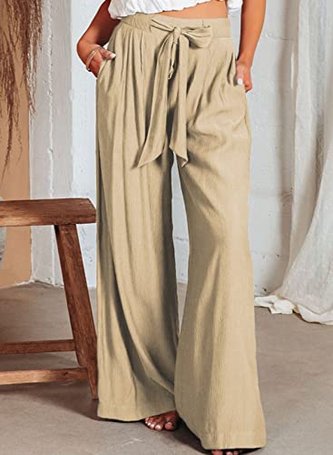 Dokotoo 2023 Casual Linen Women's Wide Leg Pants Stretch Drawstring Tie Back Elastic Waist Yoga Trousers Solid Spring Fall Workout Beach Resort Wear for Women Khaki XL