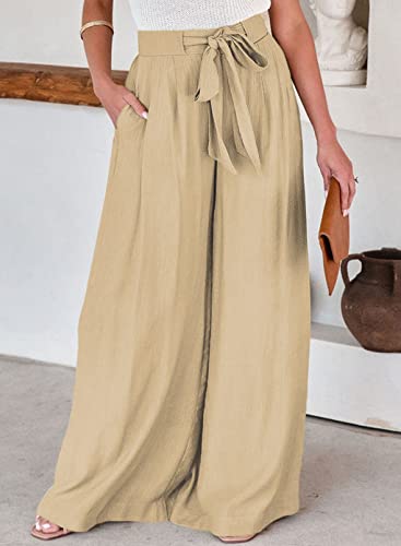 Dokotoo 2023 Casual Linen Women's Wide Leg Pants Stretch Drawstring Tie Back Elastic Waist Yoga Trousers Solid Spring Fall Workout Beach Resort Wear for Women Khaki XL