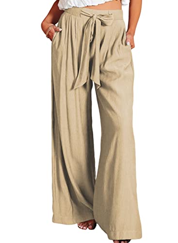 Dokotoo 2023 Casual Linen Women's Wide Leg Pants Stretch Drawstring Tie Back Elastic Waist Yoga Trousers Solid Spring Fall Workout Beach Resort Wear for Women Khaki XL