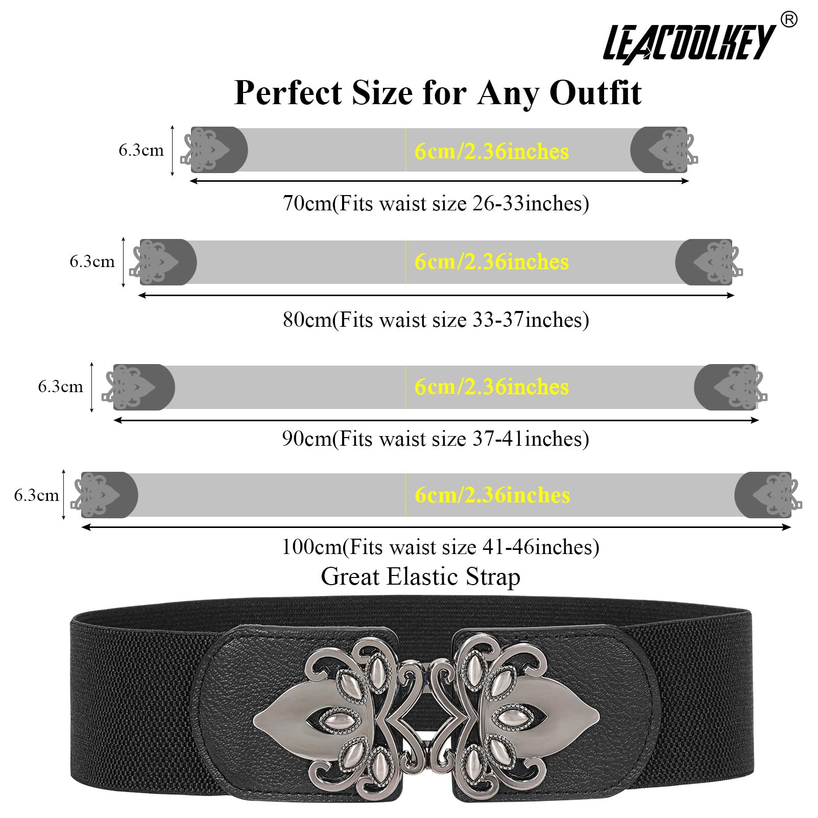 LEACOOLKEY 4 Pack Women Wide Elastic Waist Belt for Dress Vintage Stretch Cinch Belt Retro Buckle
