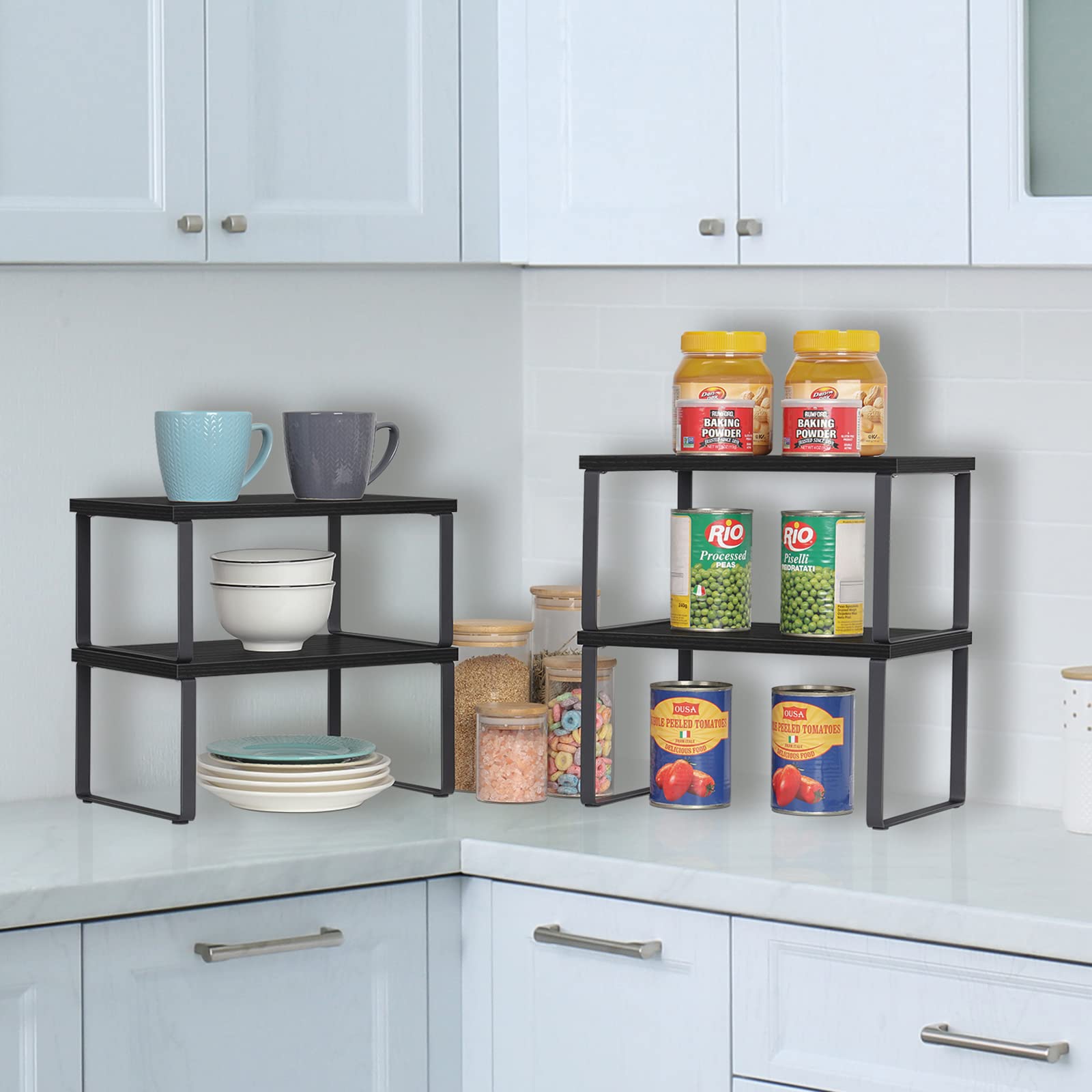 CADUKE Counter Shelf Organizer Set of 2, Wood Kitchen Cabinet Shelves, Expandable Cabinet Organizer, Stackable Countertop Storage Rack for Bathroom Pantry, Black