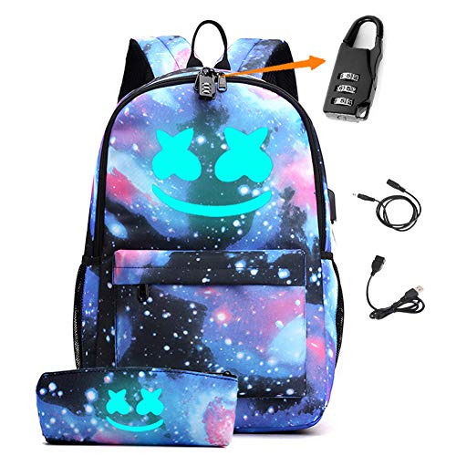 PIESWEETY Smily Luminous Laptop Backpack with USB Charging Port Lock Pencil Case for Birthday Gift, Bookbag Travel Daypack(Galaxy)